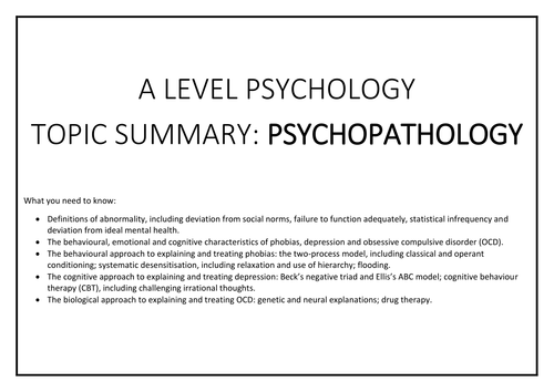AQA A Level Psychology Year 1 Psychopathology Summary Booklet ...