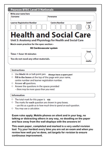 BTEC Level 3 Health & Social Care Unit 3 A&P 100 mark exam papers with ...