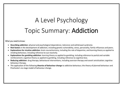 AQA A Level Psychology Year 2 Addiction Summary Booklet | Teaching ...