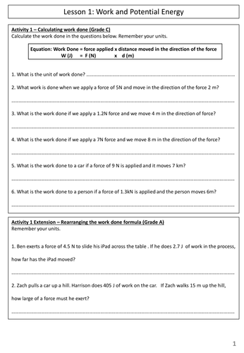 New AQA (2016) Physics P1 - Energy , Lesson 3 - Energy and Work ...