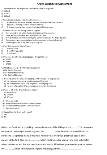 KS3 History: Anglo-Saxon Mini Assessment | Teaching Resources