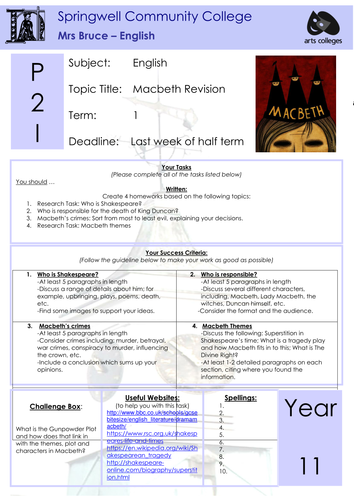 Y11 English Homework | Teaching Resources