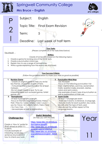 Y11 English Homework | Teaching Resources