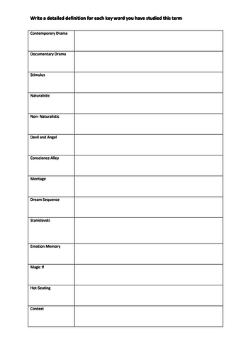 Drama Key Words Vocab Test and Answers | Teaching Resources