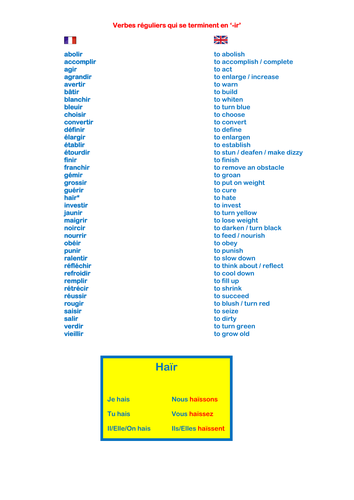 French: General lesson on the present tense regular '-ir' verbs ...