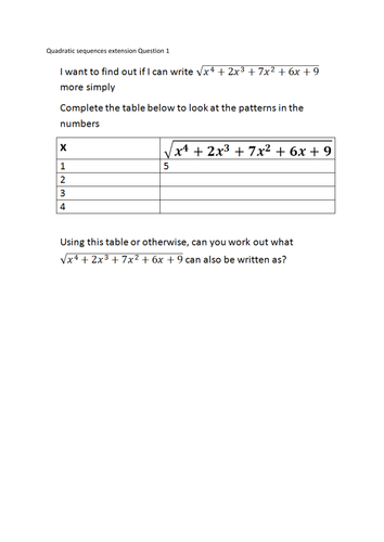 Quadratic Sequences Extension Questions Teaching Resources
