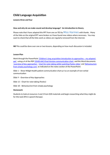 A-level Child Lang Acquisition lessons 3&4 intro to theory | Teaching ...