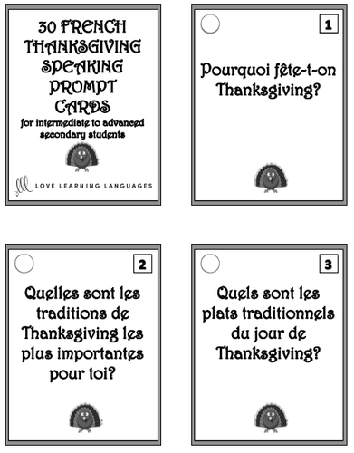 French Thanksgiving Question Cards - 30 French Thanksgiving Speaking ...