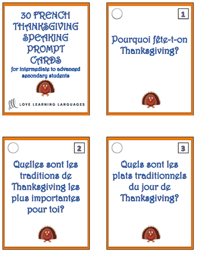 French Thanksgiving Question Cards - 30 French Thanksgiving Speaking ...