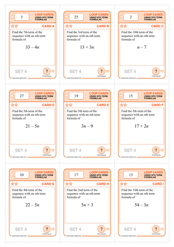 Using nth-term Formulae (Loop Cards) | Teaching Resources Using nth-term Formulae (Loop Cards) | Teaching Resources