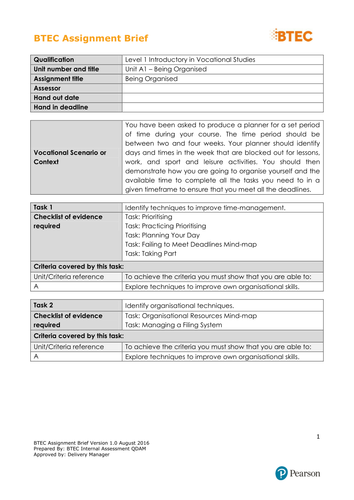 BTEC Level 1 Introductory: Vocational Studies - Unit A1 Being Organised ...