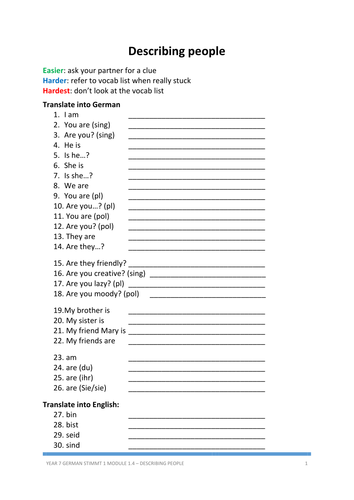 Year 7 German describing yourself and others (sein + adjectives ...