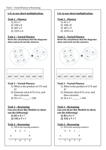 Y5 Y6 Short Multiplication (2 lessons) White Rose Mastery Fluency Bar ...