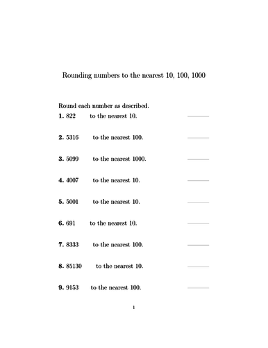 Rounding numbers to the nearest 10, 100, 1000 worksheet (with answers ...