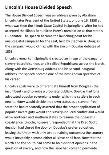 Lincoln's House Divided Speech Handout | Teaching Resources