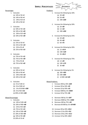 Simple Percentages worksheet #1 | Teaching Resources