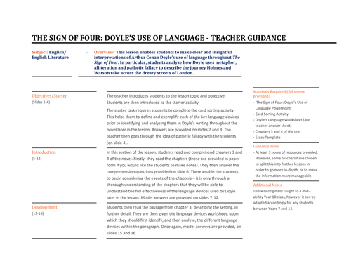 The Sign of Four - Doyle's Use of Language | Teaching Resources