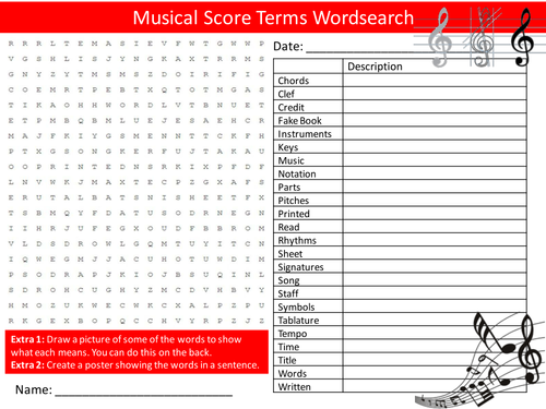 Musical Score Terms Wordsearch Music Notation Starter Settler Activity