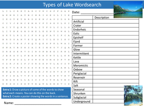 Types of Lakes Wordsearch Geography Lake Starter Settler Activity ...