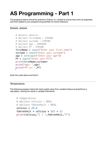 AS Programming Book 1 (Python 3.x) | Teaching Resources