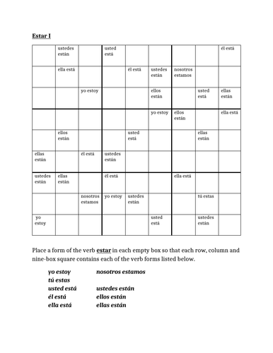 Estar Spanish Verb Present Tense Sudoku | Teaching Resources