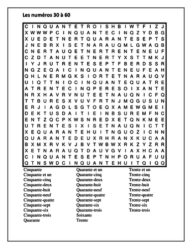 Numéros (Numbers in French) 30 to 60 Wordsearch | Teaching Resources