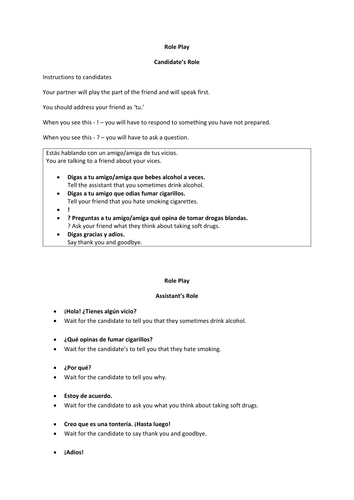 GCSE Spanish role play speaking practice - Drugs, tobacco and alcohol ...