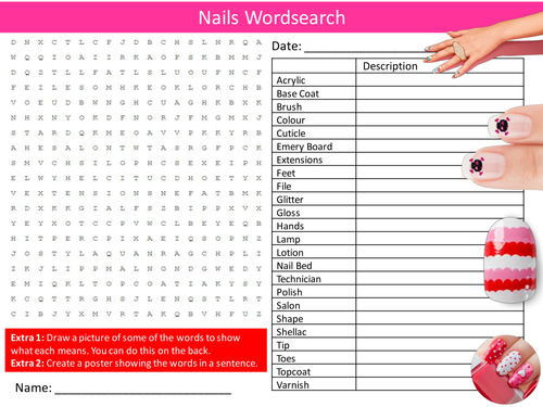 Nails Wordsearch Nail Art Beauty Starter Settler Activity Homework ...
