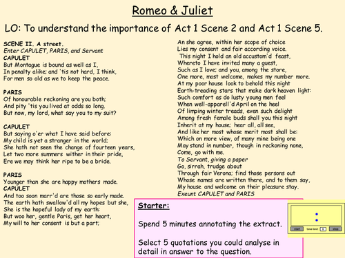 Romeo and Juliet Act 1 Scene 2 and Act 1 Scene 5 Analysis | Teaching ...