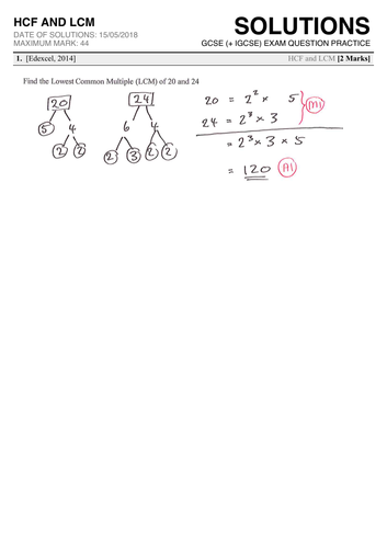 Gcse 9 1 Exam Question Practice Hcf Lcm Teaching Resources