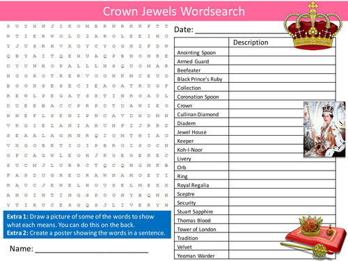 Crown Jewels Wordsearch UK Kings and Queens Starter Settler Activity ...