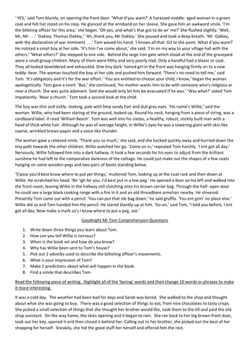 Goodnight Mr Tom comprehension questions | Teaching Resources