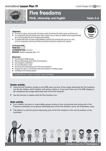 AnimalKind lesson 19: Five freedoms | Teaching Resources