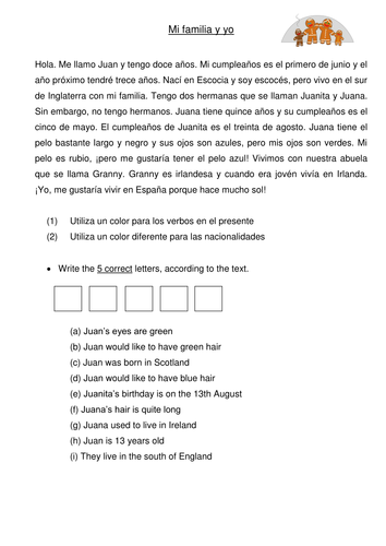 Year 7 Spanish - Brothers + Sisters, Hair + Eyes, Grammar exercise for ...