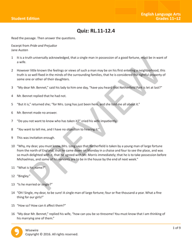 RL.11-12.4 - Pride and Prejudice - Quiz and Answer Guide | Teaching ...