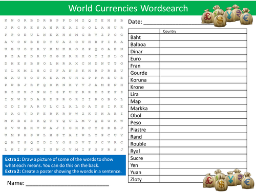 World Currencies Wordsearch Finance Money Starter Settler Activity ...