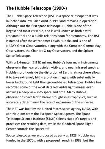 The Hubble Telescope Handout | Teaching Resources