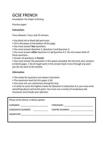 New French GCSE - Writing exam: practice papers and Feedback sheets ...