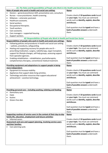 NEW Unit 2: Working in Health and Social Care L3 Revision Activities ... NEW Unit 2: Working in Health and Social Care L3 Revision Activities ...