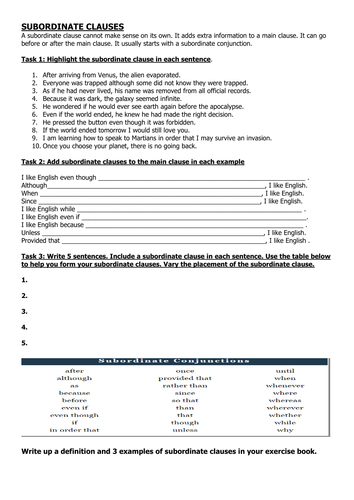 Subordinate Clauses - lesson and worksheet | Teaching Resources