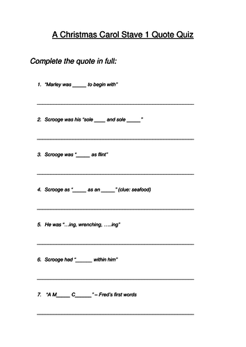 A Christmas Carol - Stave 1 - 30 Key quotes QUIZ | Teaching Resources