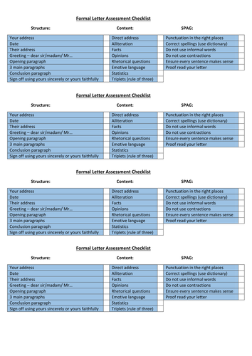 Formal letter writing peer assessment and self improvement checklist ...