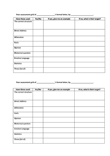 Formal letter writing peer assessment and self improvement checklist ...