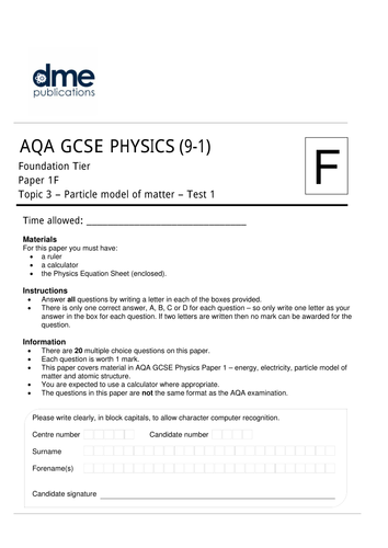 AQA GCSE Physics (9-1) Particle Model of Matter. F Tier. 20 Multiple ...