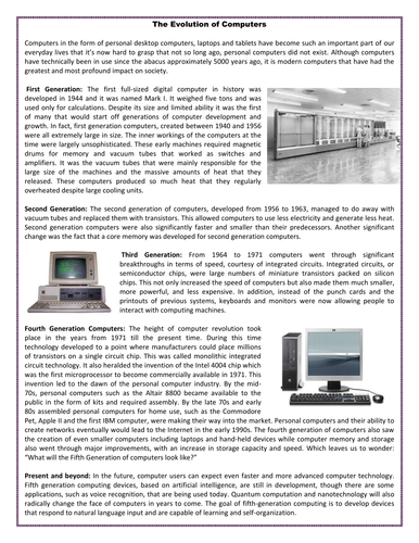 The Evolution of Computers - - Reading Comprehension Worksheet / Text ...