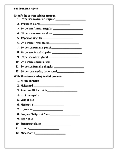 Pronoms sujets (Subject pronouns in French) worksheet | Teaching Resources