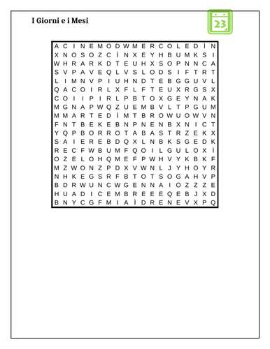 Giorni e Mesi (Days and Months in Italian) Wordsearch | Teaching Resources