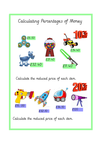 Percentages of Money Calculating Discounts 10% and 20 % Off | Teaching ...