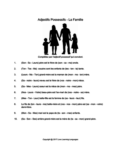 GCSE FRENCH: French possessive adjectives worksheet - La famille ...