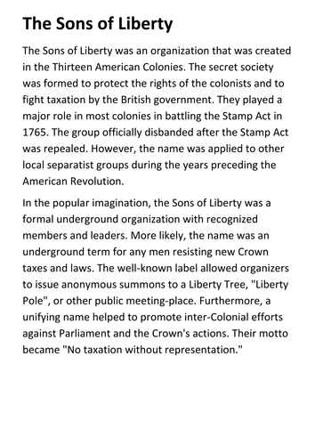 The Sons of Liberty Handout | Teaching Resources
